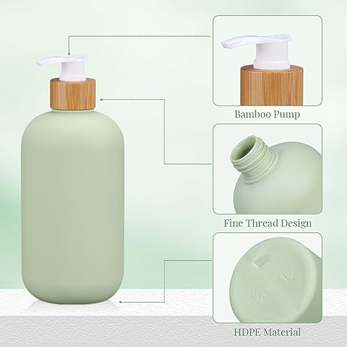 UMETASS 16.9 oz Plastic Bamboo Pump Dispenser Bottles, Shampoo and Conditioner Bottles, Refillable Container for Bathroom Shower Body Wash Lotion (16.9 oz, Green)