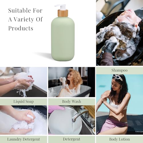 UMETASS 16.9 oz Plastic Bamboo Pump Dispenser Bottles, Shampoo and Conditioner Bottles, Refillable Container for Bathroom Shower Body Wash Lotion (16.9 oz, Green)