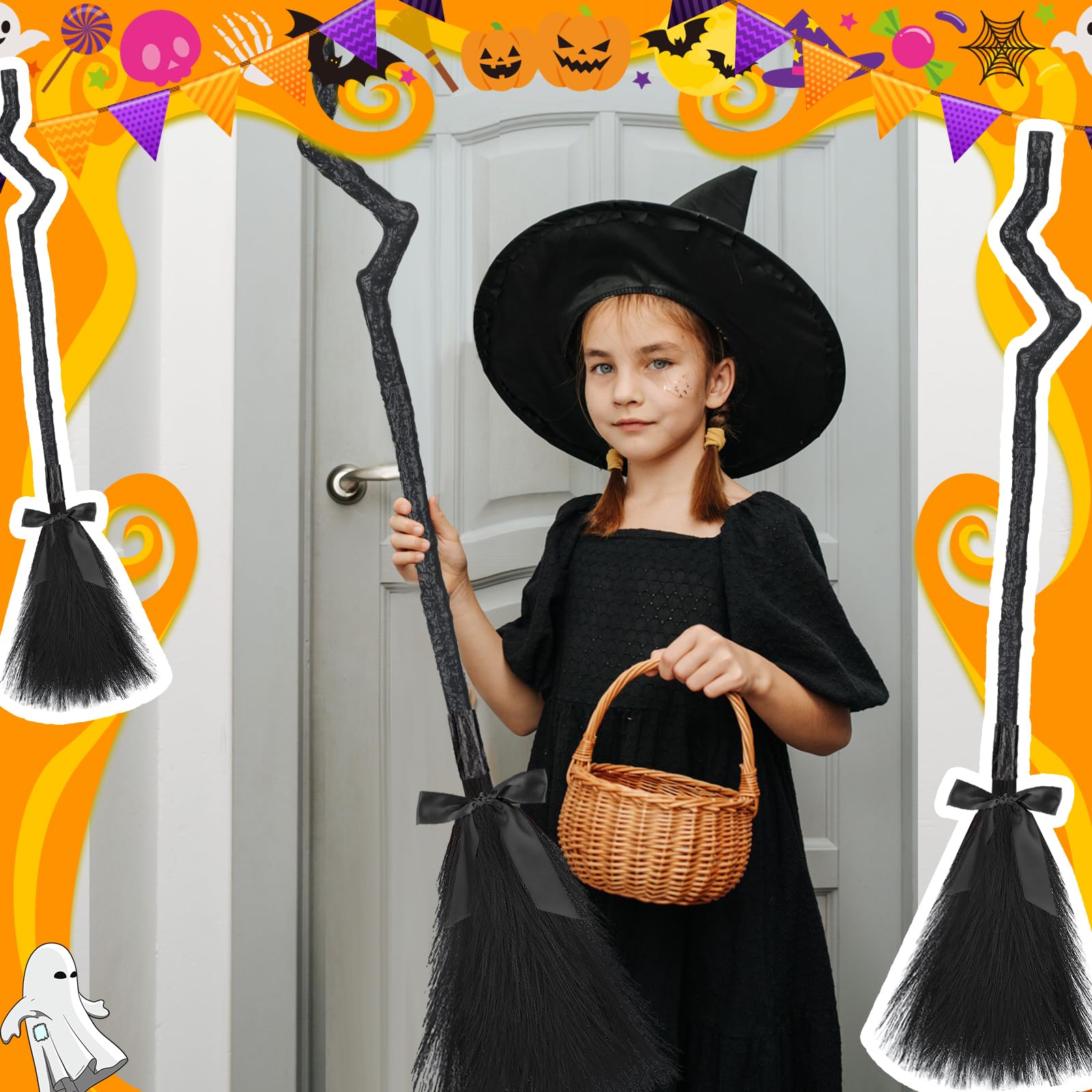Liliful 3 Pcs Halloween Witch Broom Witch Broomstick with Ribbon Wizard Broomstick Halloween Decor for Kids and Adults, Party Cosplay Costume Accessories
