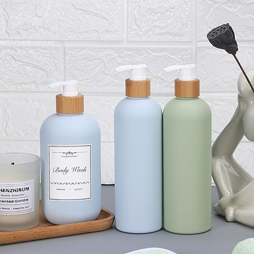 UMETASS 16.9 oz Plastic Bamboo Pump Dispenser Bottles, Shampoo and Conditioner Bottles, Refillable Container for Bathroom Shower Body Wash Lotion (16.9 oz, Green)