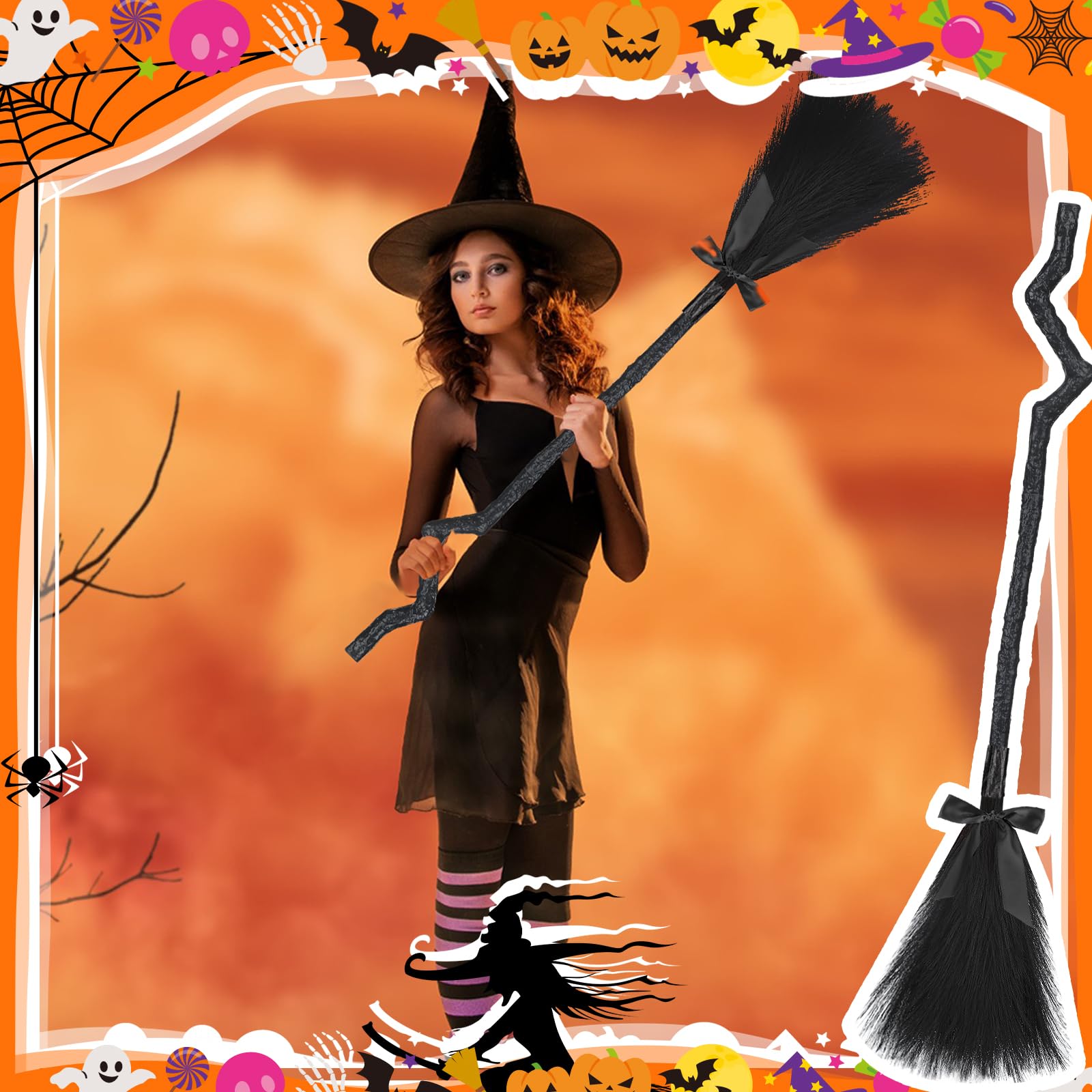 Liliful 3 Pcs Halloween Witch Broom Witch Broomstick with Ribbon Wizard Broomstick Halloween Decor for Kids and Adults, Party Cosplay Costume Accessories