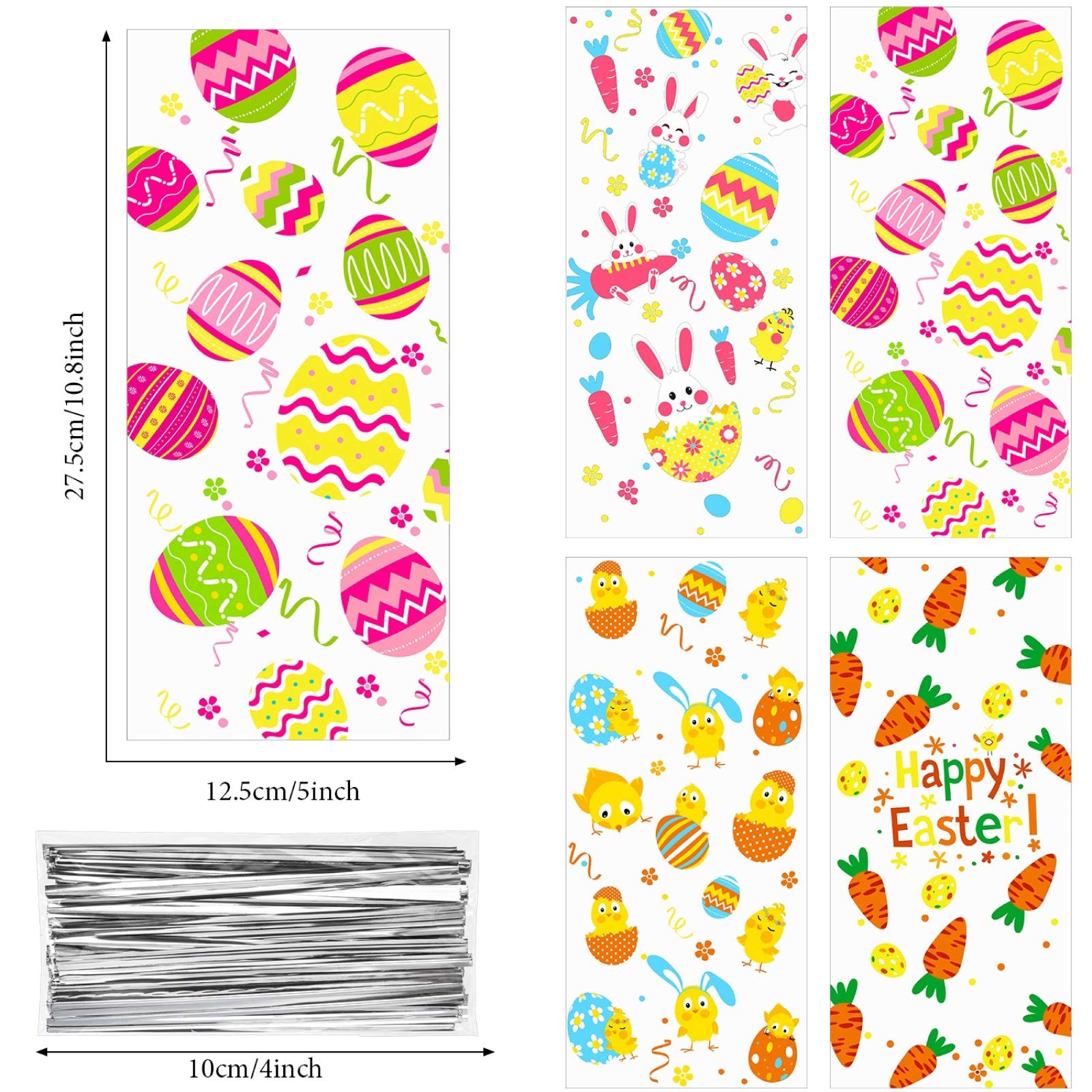 100 Pieces Easter Cellophane Treat Bags, Easter Egg Bunny Chick Carrot Printed Pattern Clear Plastic Candy Goodies Bags with 100 Silver Twist Ties for Easter Day Party Supplies, 4 Assorted Style