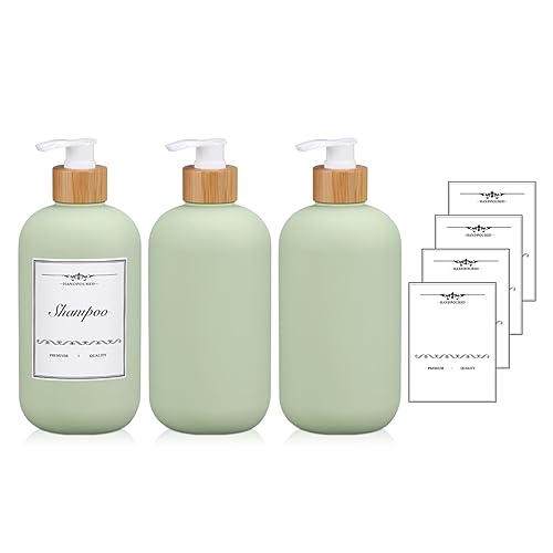 UMETASS 16.9 oz Plastic Bamboo Pump Dispenser Bottles, Shampoo and Conditioner Bottles, Refillable Container for Bathroom Shower Body Wash Lotion (16.9 oz, Green)