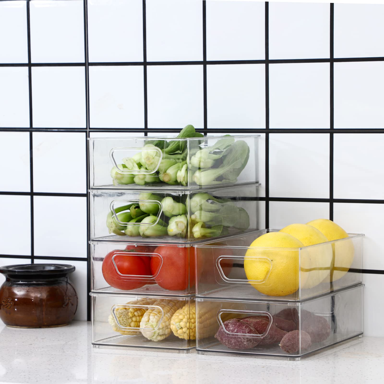 Cq acrylic Stackable Refrigerator Organizer Bins,6 Pack Clear Kitchen Organizer Container Bins with Handles for Pantry,Cabinets,Shelves,Drawer, Fridge BPA Free