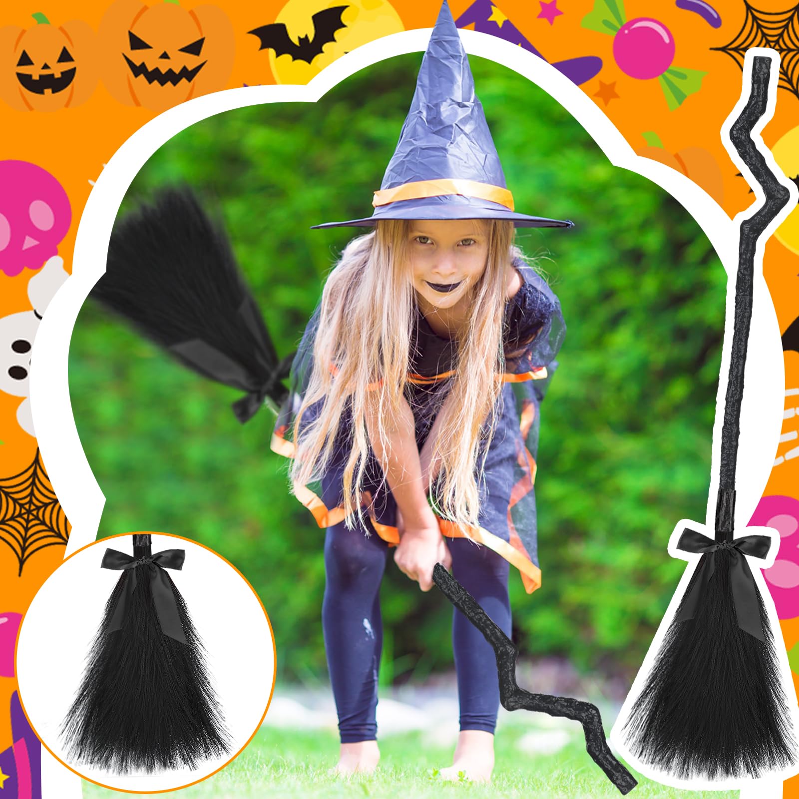 Liliful 3 Pcs Halloween Witch Broom Witch Broomstick with Ribbon Wizard Broomstick Halloween Decor for Kids and Adults, Party Cosplay Costume Accessories