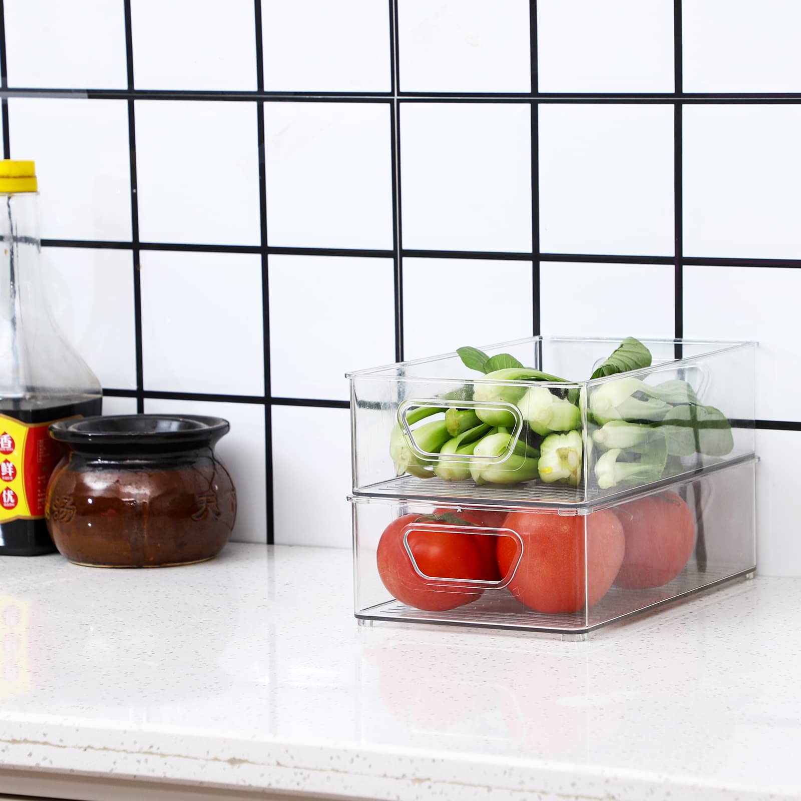 Cq acrylic Stackable Refrigerator Organizer Bins,6 Pack Clear Kitchen Organizer Container Bins with Handles for Pantry,Cabinets,Shelves,Drawer, Fridge BPA Free