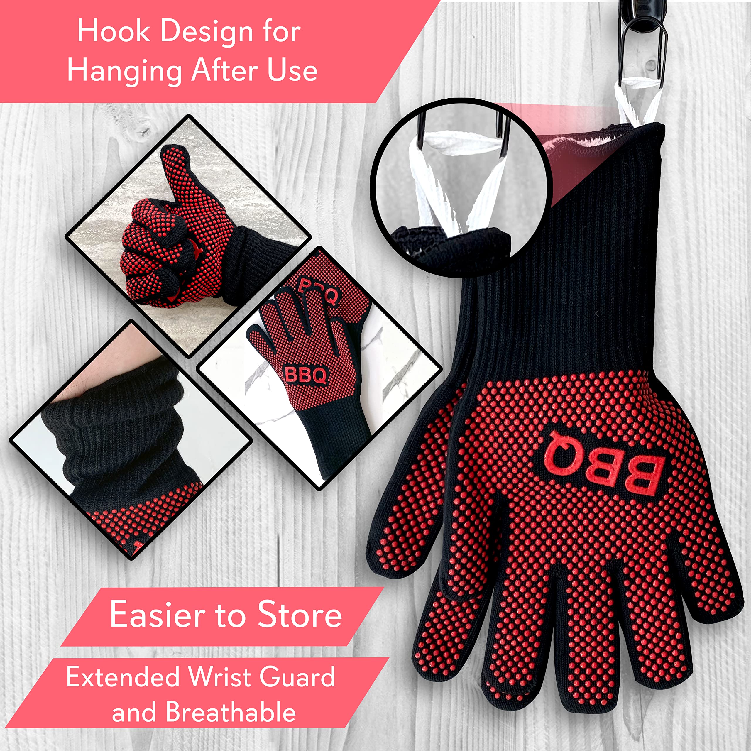 1472℉ Extreme Heat Resistant Grill Gloves - 14'' Food Grade Kitchen Oven Mitts, Silicone Non-Slip Cooking Gloves for Barbecue (Pair)