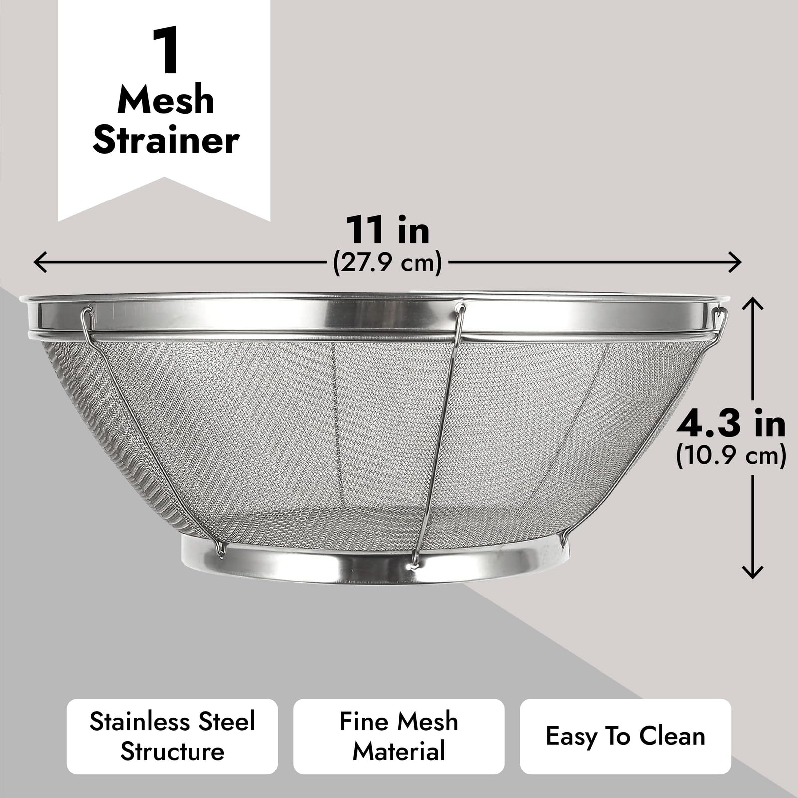 Large Fine Mesh Pasta Strainer, Metal Colander for Rice, Quinoa, Yogurt (10 x 4 In)