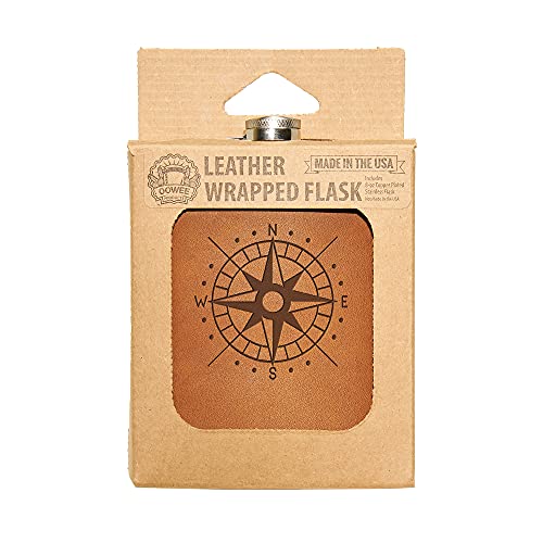 Oowee Products | Compass Leather Wrapped Flask | Box Set | Comes with an 8 Ounce Copper Plated Flask| Genuine Leather | Made in the USA