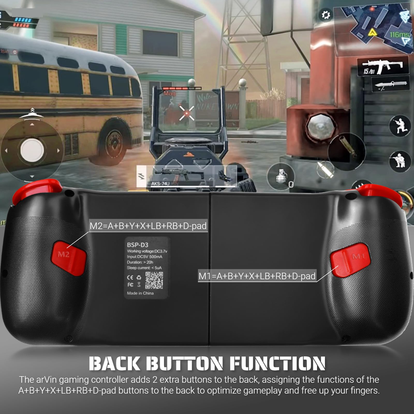 arVin Wireless Gaming Controller for iPhone iOS Android PC, Bluetooth Gamepad Joystick for iPhone 15/14/13/iPad/Samsung Galaxy S23/S22/S21/Tablet, Call of Duty Mobile, Genshin, Roblox-with Back Button