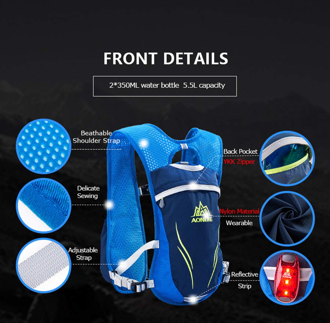 AONIJIE Lightweight Unisex 5.5L Running Race Hydration Vest Hydration Pack Backpack Riding Bag (Blue+2pcs 250ml Bottle)