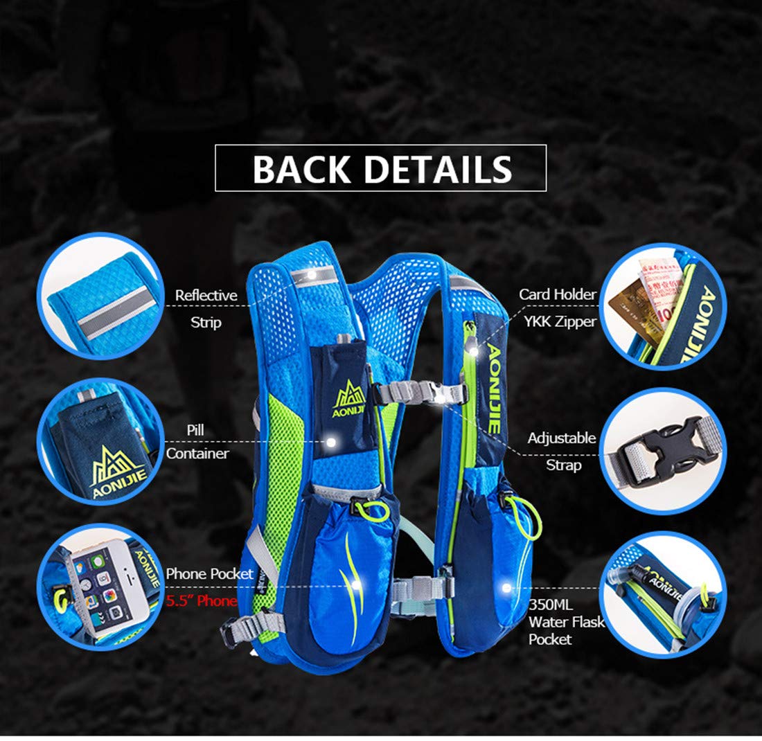 AONIJIE Lightweight Unisex 5.5L Running Race Hydration Vest Hydration Pack Backpack Riding Bag (Blue+2pcs 250ml Bottle)