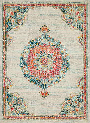 Unique Loom Penrose Collection Distressed Traditional Vintage Rug with Center Medallion, Rectangular 9' 0" x 12' 0", Ivory/Black