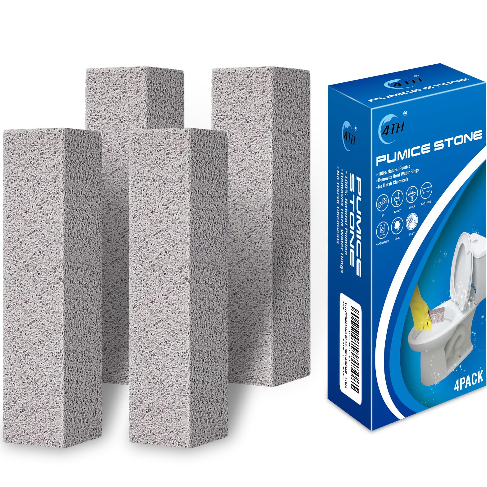 4TH Pumice Stone for Toilet Bowl Cleaning,Remove Away Limescale Stain,Hard Water Rings,Calcium Buildup,Iron and Rust,Scouring Stick for Tile/Bath-tub/Kitchen/Grill/Household - 4 Pack