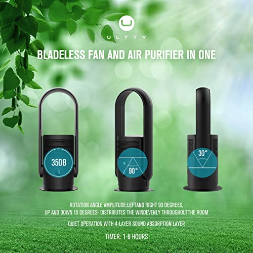 ULTTY Bladeless Tower Fan and Air Purifier in one, 90° Oscillating Bladeless Fan with Remote, Touch, 8H Timer, Floor Fans for Bedroom Whole Room Home Office R021, Black