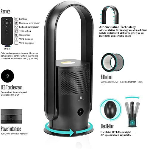 ULTTY Bladeless Tower Fan and Air Purifier in one, 90° Oscillating Bladeless Fan with Remote, Touch, 8H Timer, Floor Fans for Bedroom Whole Room Home Office R021, Black