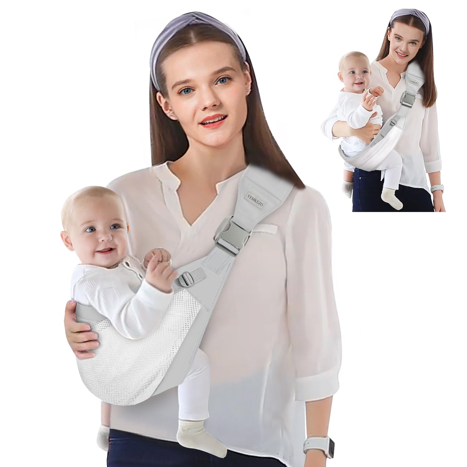 YEMKEZO Baby Sling Carrier, Adjustable One Shoulder Labor-Saving Baby Holder Carrier, Baby Mesh Half Wrapped Sling Hip Carrier for Newborn to Toddler(Grey), Medium