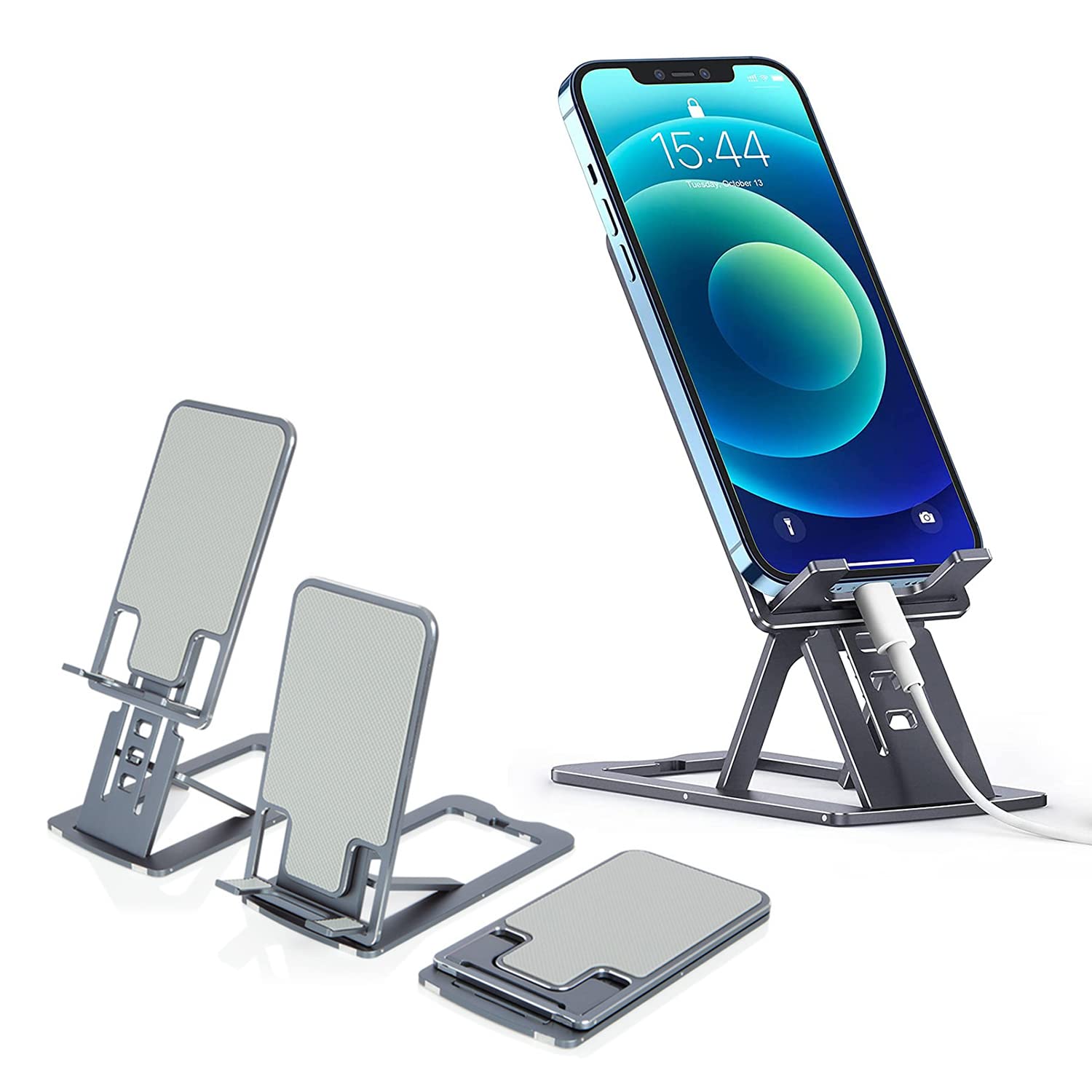 DTech Foldable Cell Phone Stand Holder Aluminum Adjustable Height Nonslip Adhesive Portable Cellphone Cradle for Desk Office Table Home Travel Mobile Smartphone - Gray