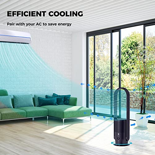 ULTTY Bladeless Tower Fan and Air Purifier in one, 90° Oscillating Bladeless Fan with Remote, Touch, 8H Timer, Floor Fans for Bedroom Whole Room Home Office R021, Black