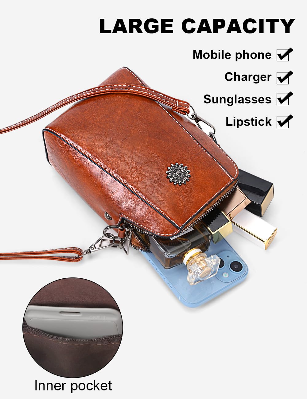 Cesssfle Leather The Happy Wind Purse Retro All-Match Vertical Cellphone Crossbody Purse for Women Western Fall Small Crossbody Purseā¦