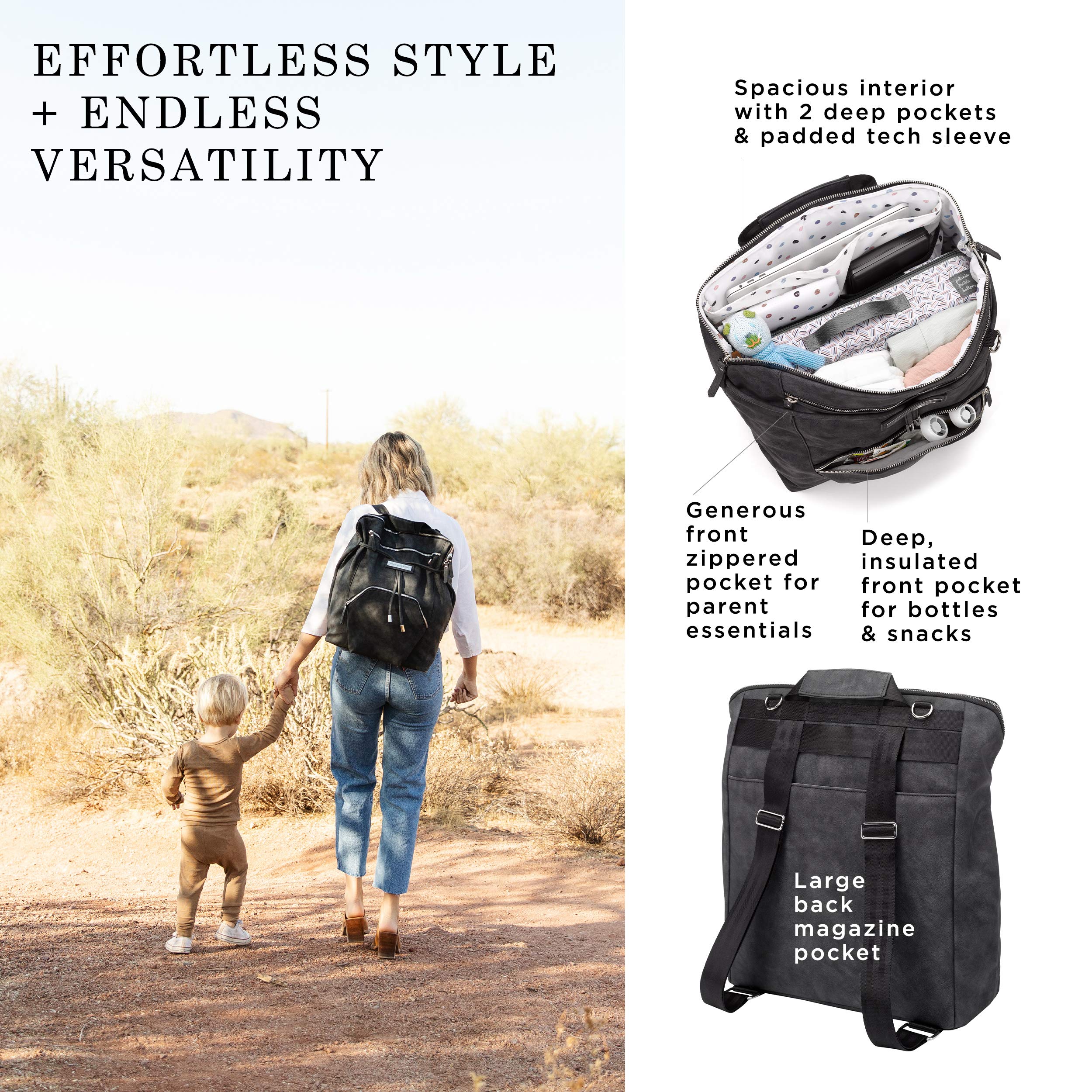 Petunia Pickle Bottom Cinch Convertible Diaper Bag Backpack for Busy Parents, Stylish, Spacious, & Secure, Fits All Essentials for Everyday Use or Travel (Midnight Leatherette)