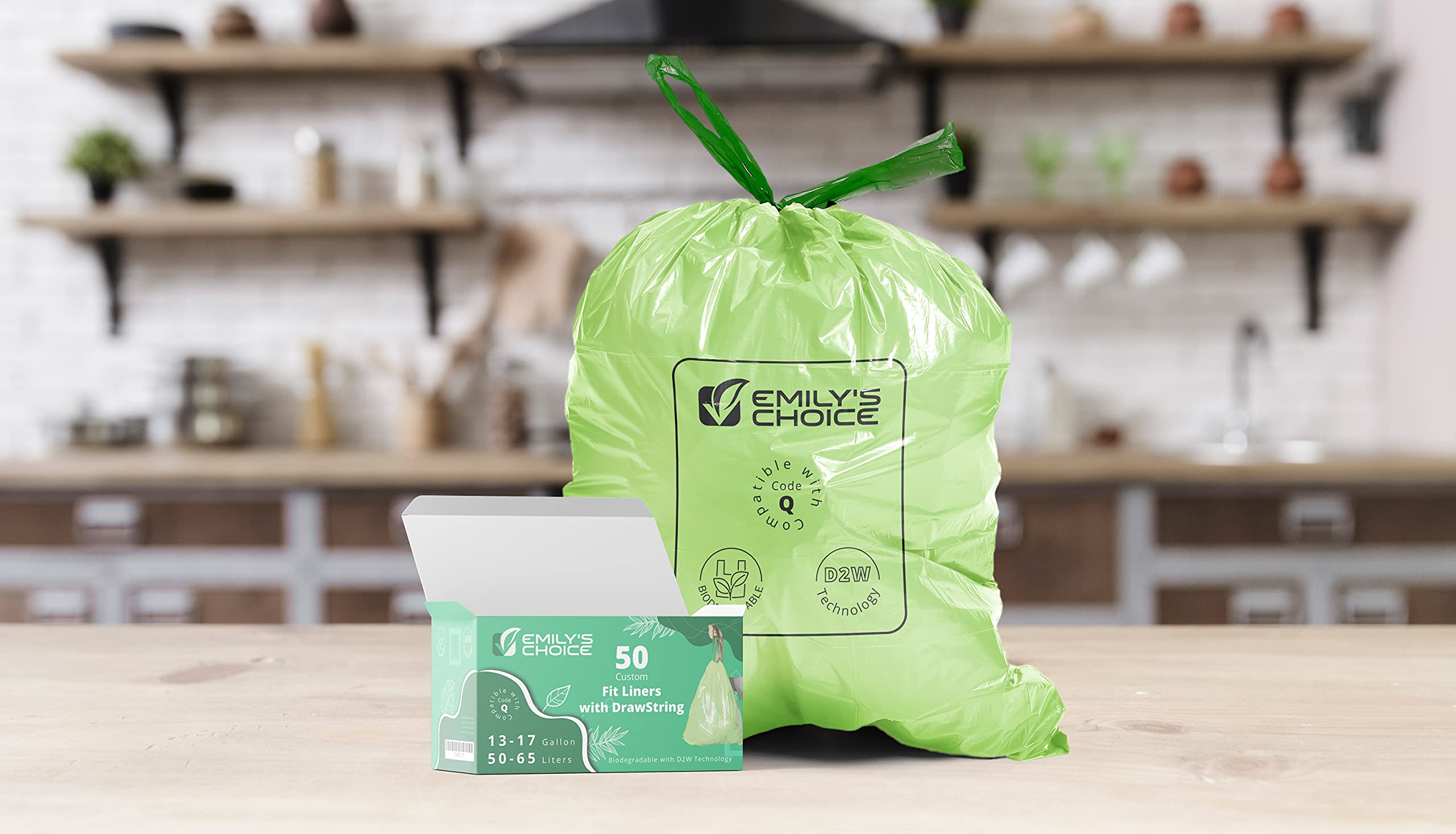 Emily's Choice Heavy Duty Biodegradable Tall Kitchen Trash Bag Code Q (50 count) with D2W Technology, Custom Fit Trash Bag compatible with Simplehuman Code Q trash bins, 50-65L / 13-17 Gallons, ATSM 6954,1.2 Mil / 30 Micron Thickness