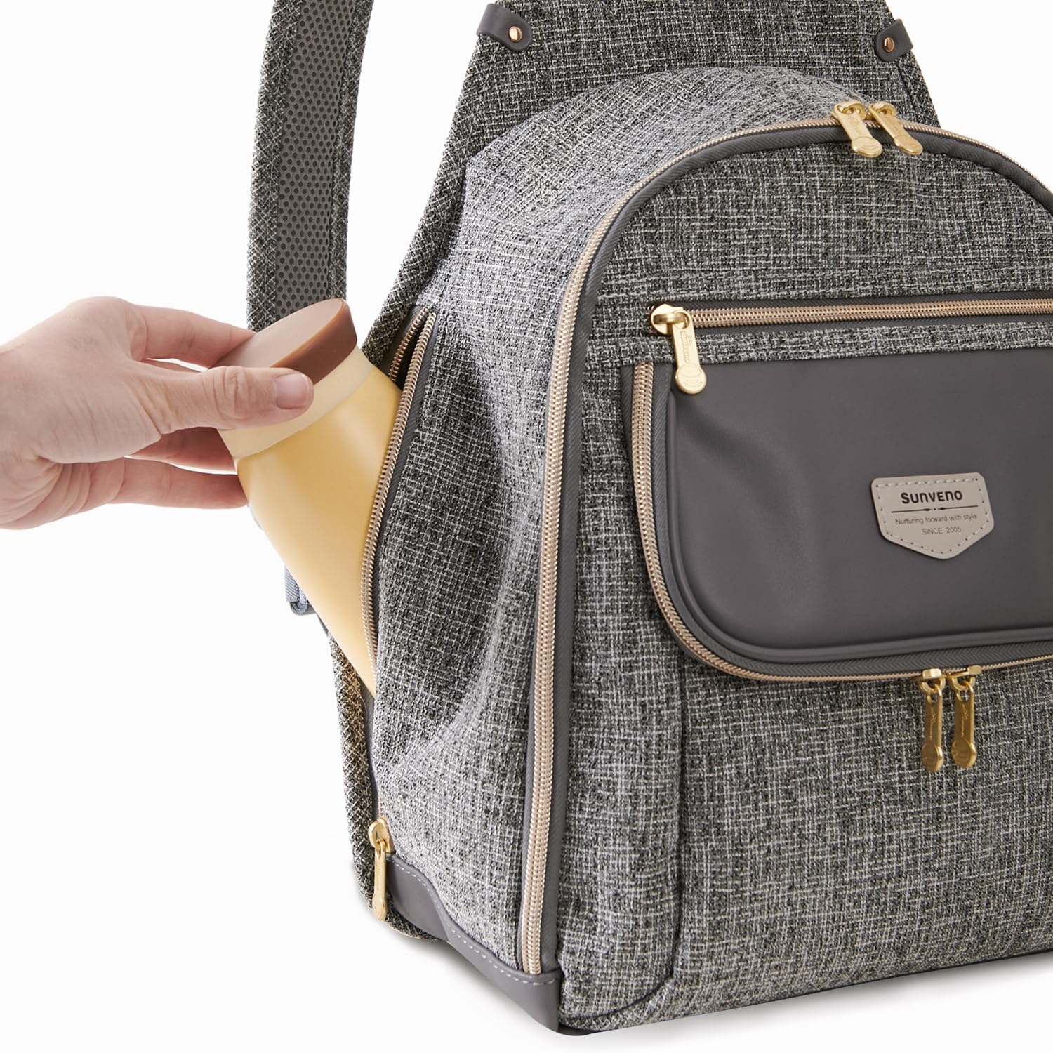 SUNVENO Mini Diaper Bag Backpack, Multifunctional Baby Bag with Insulated Pockets Waterproof Travel Bag, Grab-Top Handle (Hemp Grey)