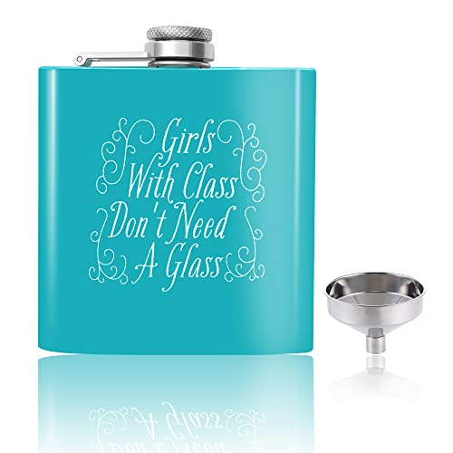 Liquor Flask Matte Funny Leakproof - Premium Stainless Steel Hip Flask (Blue 6oz girls with class)