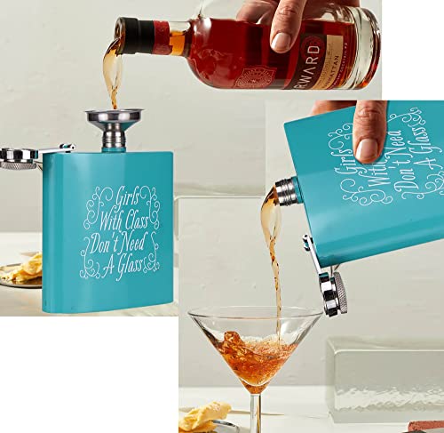 Liquor Flask Matte Funny Leakproof - Premium Stainless Steel Hip Flask (Blue 6oz girls with class)