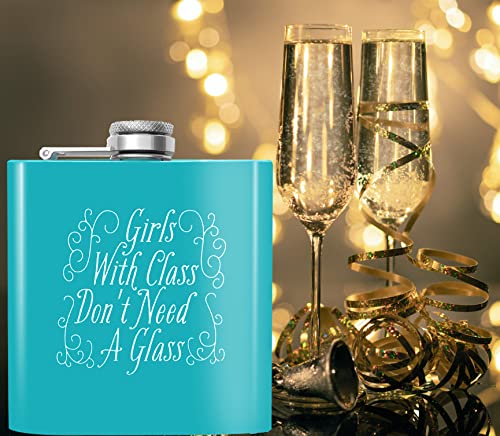 Liquor Flask Matte Funny Leakproof - Premium Stainless Steel Hip Flask (Blue 6oz girls with class)