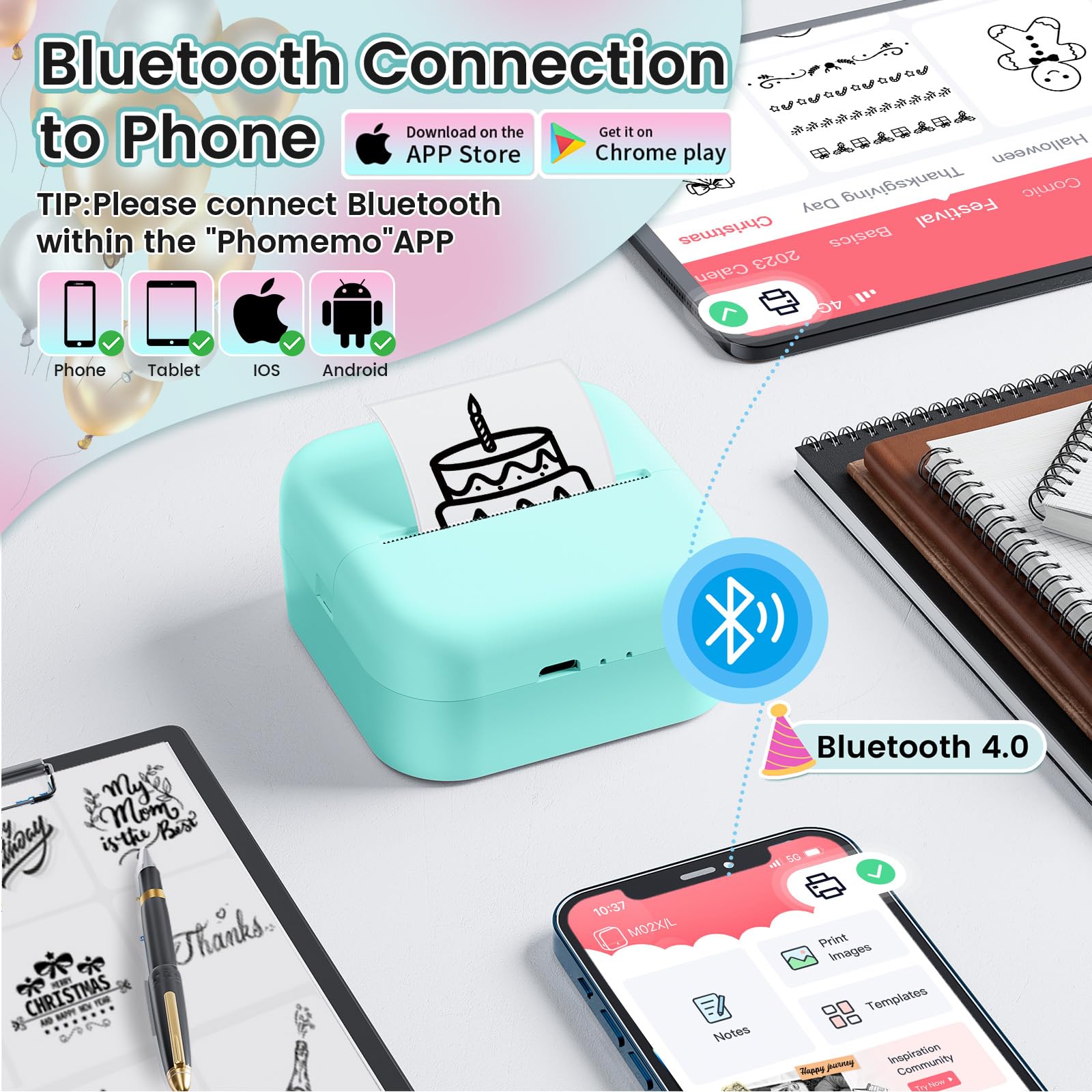 Mandizza Sticker Printer- M02L Pocket Printer with 6 Rolls Paper Thermal Mini Printer Portable Printer for Printing Photos, Study Notes, Scrapbook, Journal, Birthday, Green