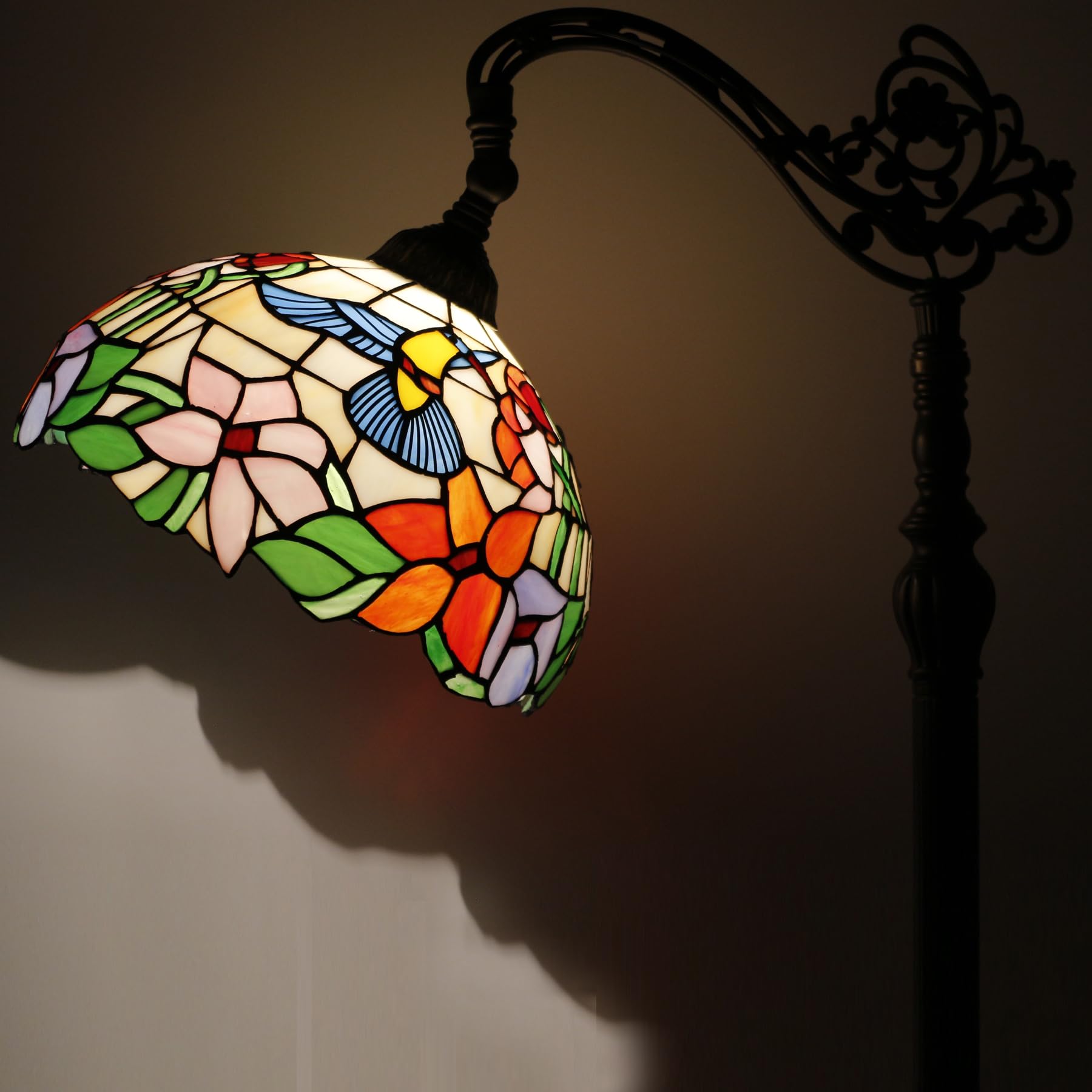 WERFACTORY Tiffany Floor Lamp Hummingbird Amber Stained Glass Arched Lamp 12X18X64 Inches Gooseneck Adjustable Corner Standing Reading Light Decor Bedroom Living Room S101 Series