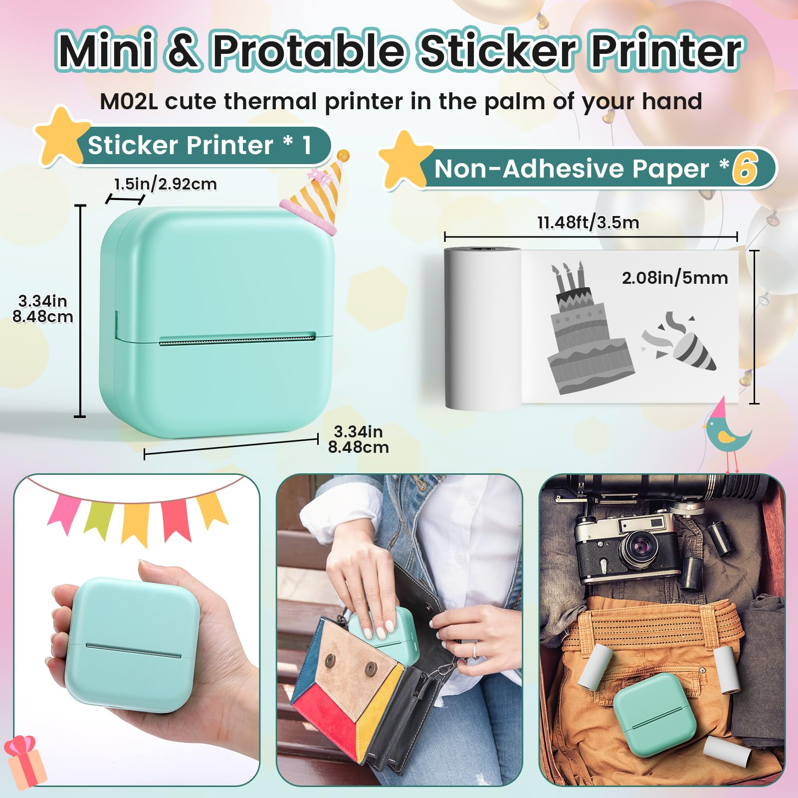 Mandizza Sticker Printer- M02L Pocket Printer with 6 Rolls Paper Thermal Mini Printer Portable Printer for Printing Photos, Study Notes, Scrapbook, Journal, Birthday, Green