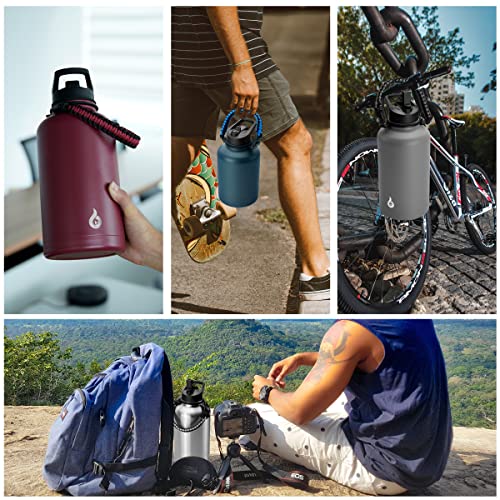 BJPKPK Half Gallon Insulated Water Bottles with Straw Lid,64oz Large Water Bottle,Stainless Steel Water Bottles with 3 Lids and Paracord Handle, Water Bottle for Hot & Cold Liquid, Black