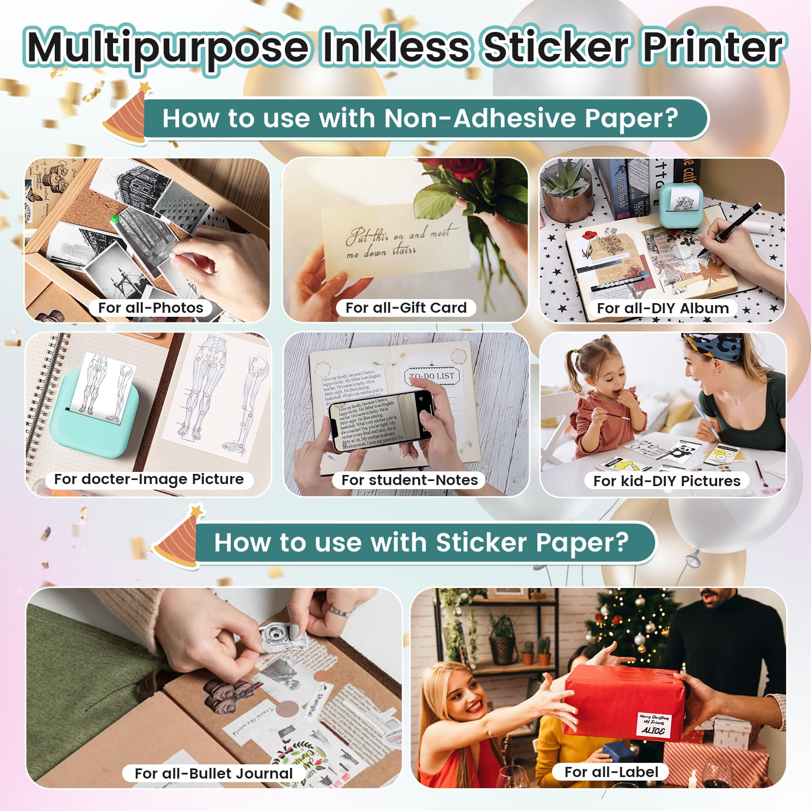Mandizza Sticker Printer- M02L Pocket Printer with 6 Rolls Paper Thermal Mini Printer Portable Printer for Printing Photos, Study Notes, Scrapbook, Journal, Birthday, Green