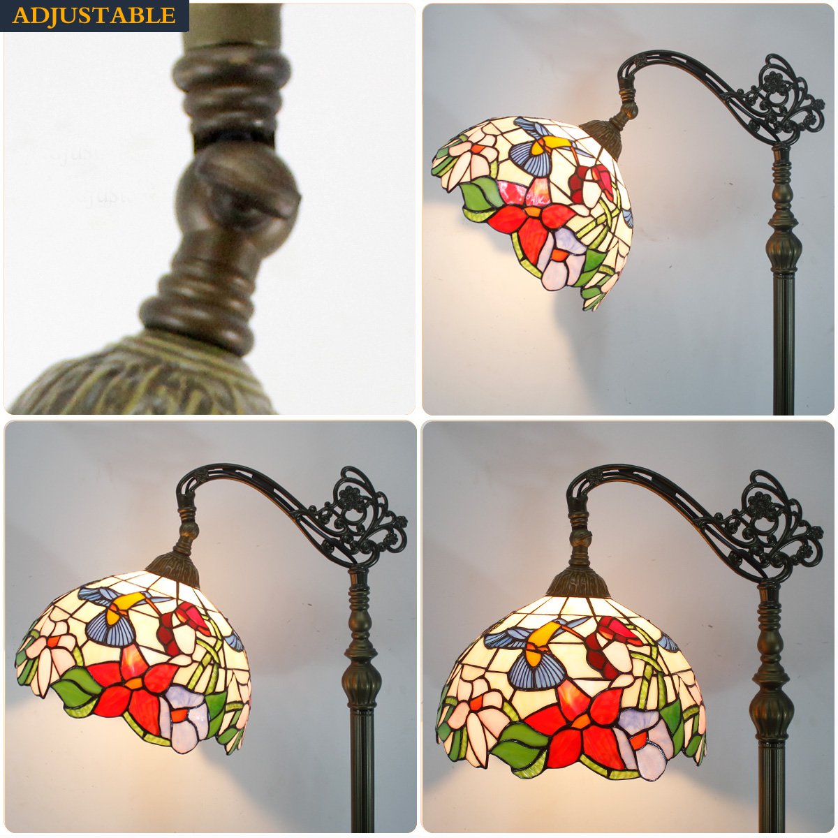 WERFACTORY Tiffany Floor Lamp Hummingbird Amber Stained Glass Arched Lamp 12X18X64 Inches Gooseneck Adjustable Corner Standing Reading Light Decor Bedroom Living Room S101 Series