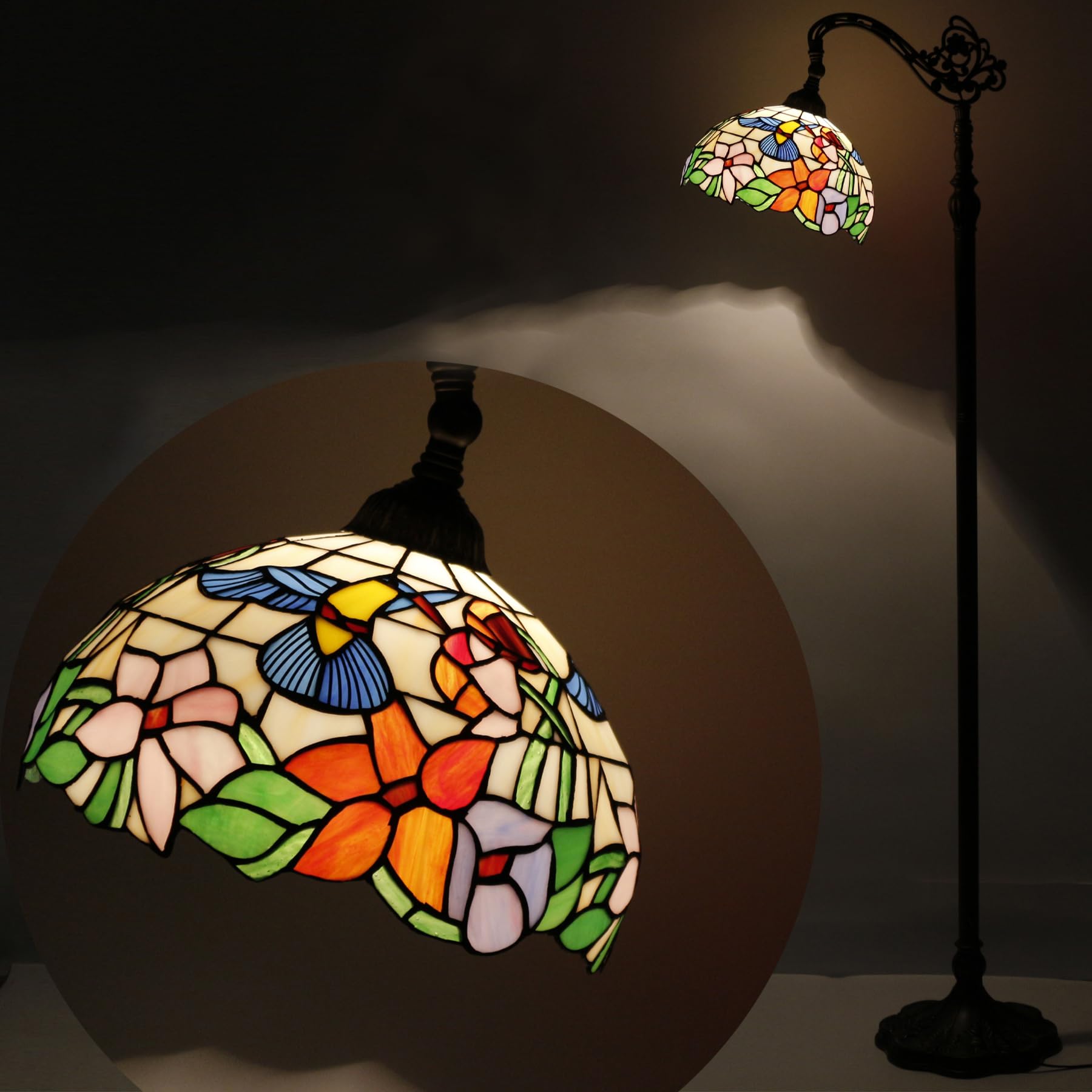 WERFACTORY Tiffany Floor Lamp Hummingbird Amber Stained Glass Arched Lamp 12X18X64 Inches Gooseneck Adjustable Corner Standing Reading Light Decor Bedroom Living Room S101 Series