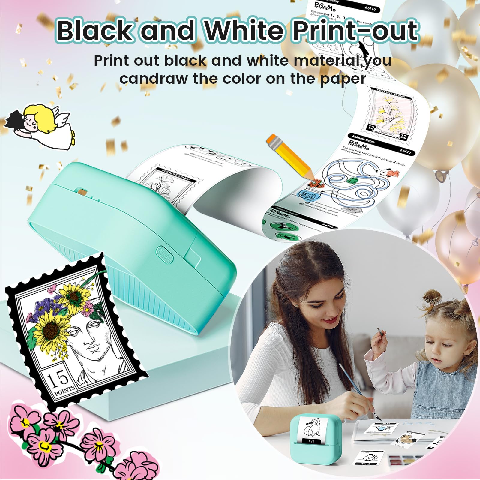 Mandizza Sticker Printer- M02L Pocket Printer with 6 Rolls Paper Thermal Mini Printer Portable Printer for Printing Photos, Study Notes, Scrapbook, Journal, Birthday, Green