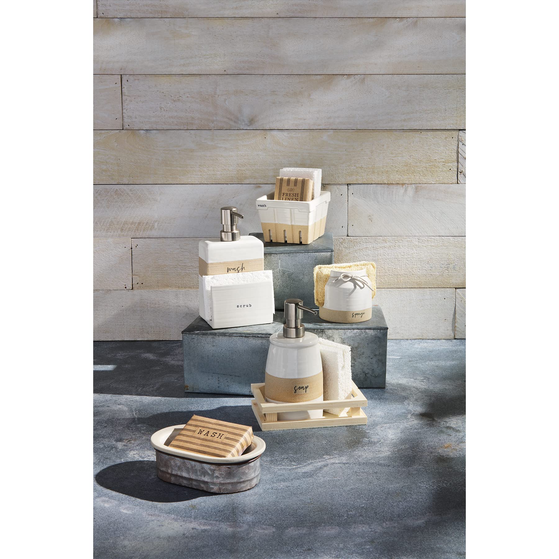 Mud Pie 41220001 Stoneware Sponge Holder, 3 1/2" x 3 1/2", Brown and White