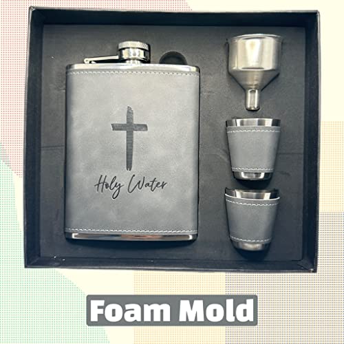 Holy Water Flask Gift With 2 Cups. 8 Oz Hip Funny Flask, Stainless Steel & Stamped Leather Wrapped Style With Gift Box. ChristmasGift For Men, Dad, brother or Groom. (Holy Water)