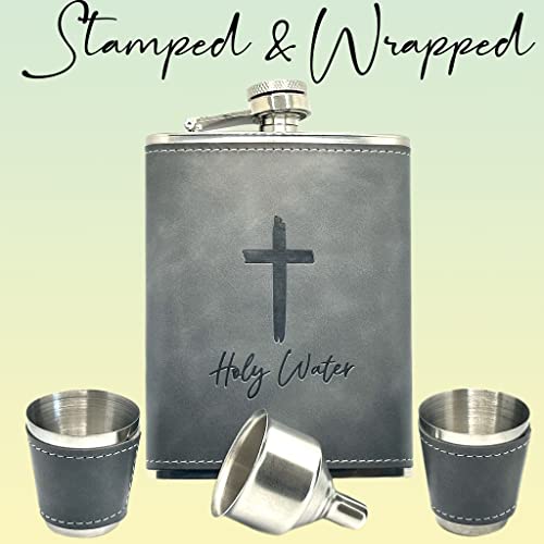 Holy Water Flask Gift With 2 Cups. 8 Oz Hip Funny Flask, Stainless Steel & Stamped Leather Wrapped Style With Gift Box. ChristmasGift For Men, Dad, brother or Groom. (Holy Water)