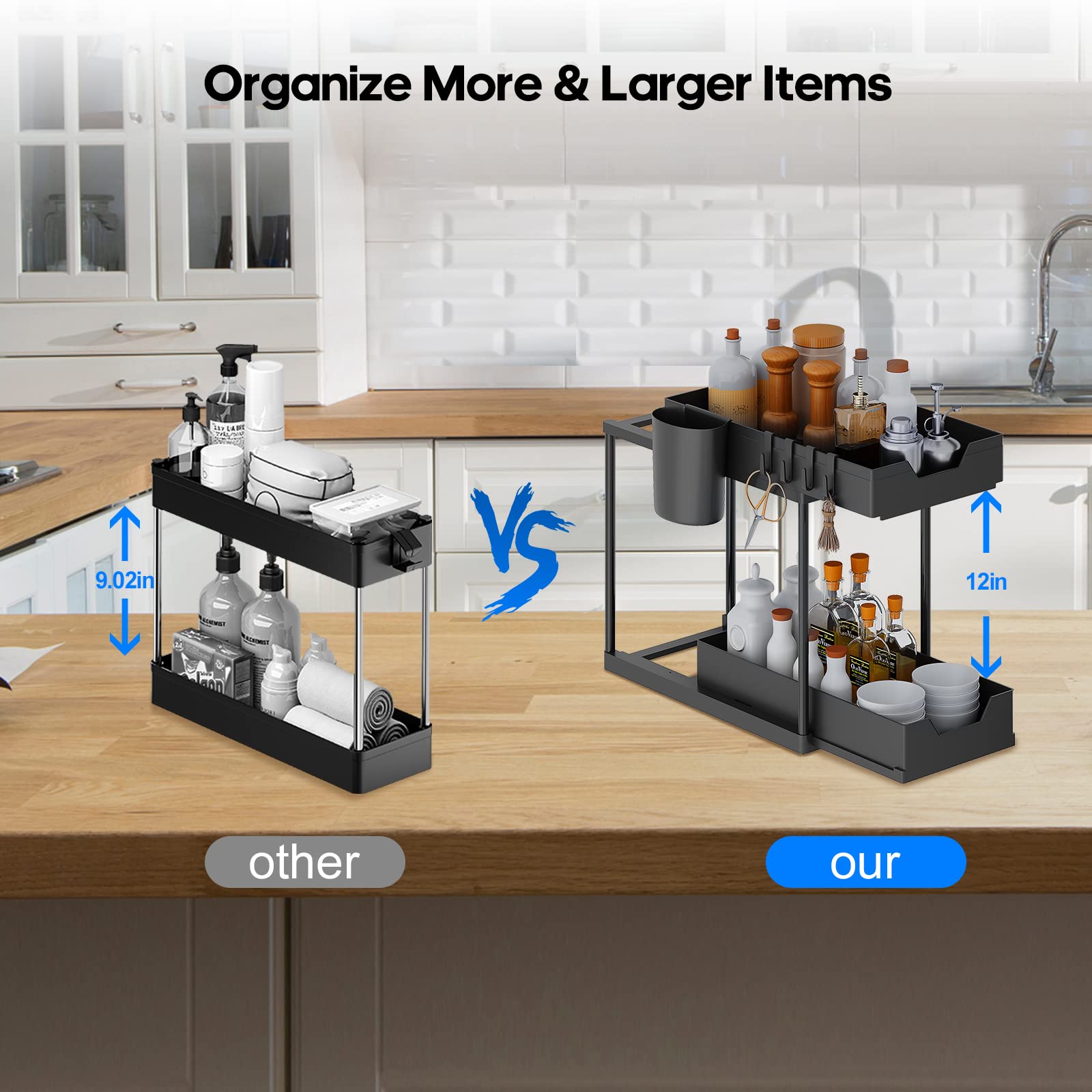 YYS Upgraded Under Sink|Cabinet Organizers for Kitchen|Bathroom, 2-Tiers Both Pulling-Out Wider & Higher Storage, Under Kitchen|Bathroom Sink Organizers and Storage Double Sliding Out with 4 Hooks