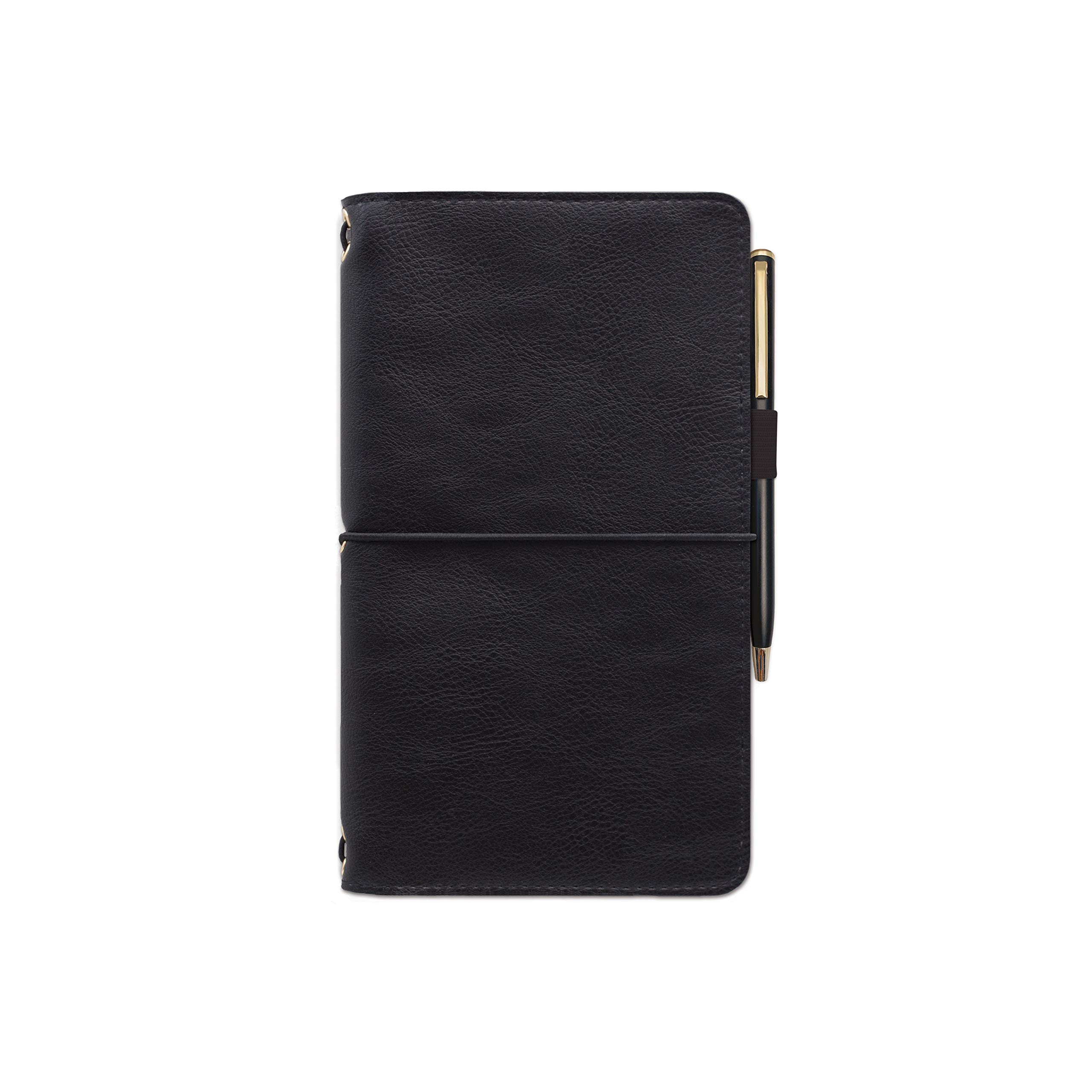 DesignWorks Ink 4.75” x 8.25" Black Vegan Leather Professional Folio Organizer with Lined Page Notebook Writing Pad, Gold Pen, Pen Holder, and Elastic Closure - Cute Desk Accessories & Office Supplies