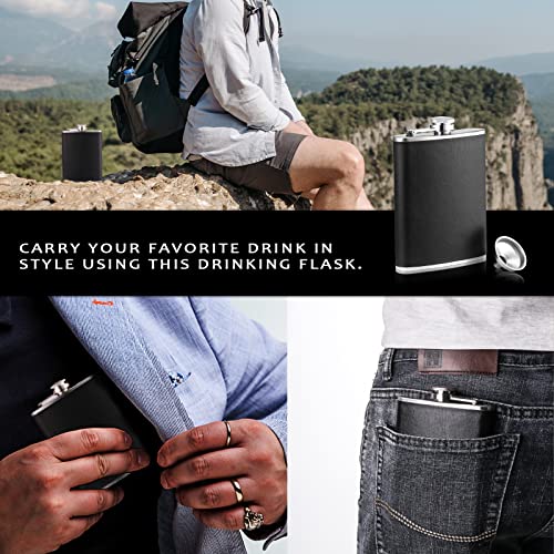KITVINOUS Hip Flask for Liquor, 8oz Stainless Steel Leakproof Whiskey Flask with Funnel, Classic Gift Idea Flasks with Never-Lose Cap for Men and Women, Black