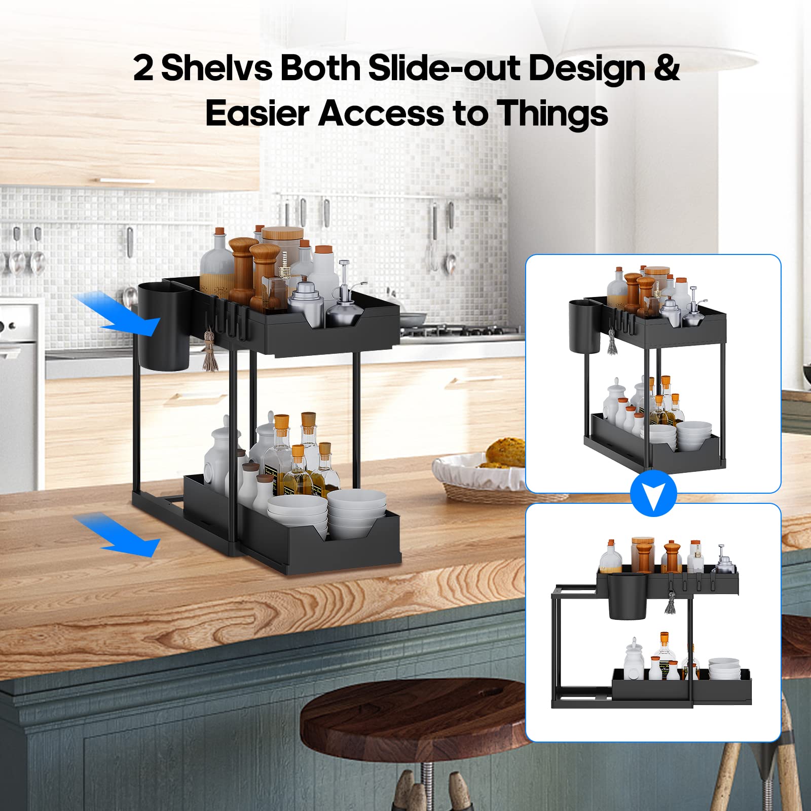YYS Upgraded Under Sink|Cabinet Organizers for Kitchen|Bathroom, 2-Tiers Both Pulling-Out Wider & Higher Storage, Under Kitchen|Bathroom Sink Organizers and Storage Double Sliding Out with 4 Hooks