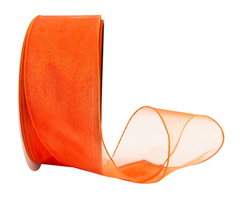 Ribbon Bazaar Sheer Organza Wired Ribbon - 100% Polyester Wire Edged Ribbon for Floral Decor, Table Arrangements, Apparel Embellishment & More - 1-1/2 inch Orange 25 Yards