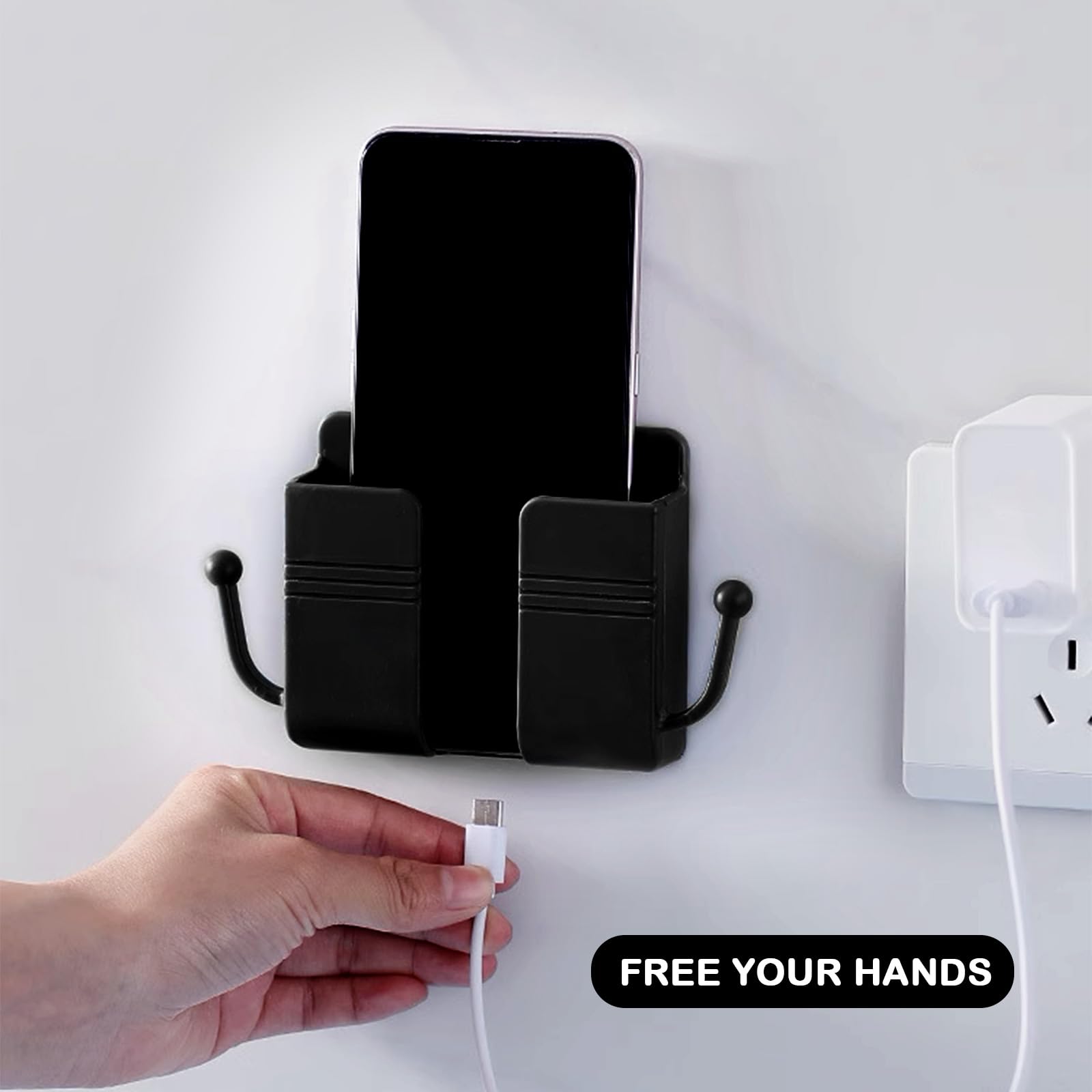 BlingKingdom Self-Adhesive Wall Mount Phone Holder with Hooks Phone Stand Charging Holder for Smartphones Cellphone Bracket Phone Holder for Wall Home Office RV for iPhone and Android (Black)