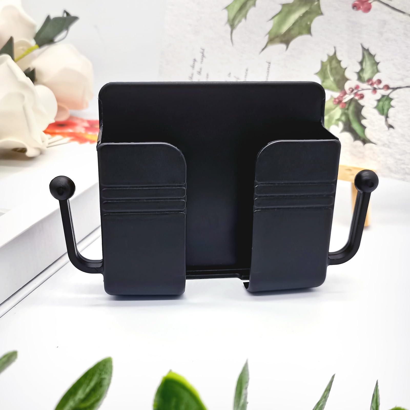 BlingKingdom Self-Adhesive Wall Mount Phone Holder with Hooks Phone Stand Charging Holder for Smartphones Cellphone Bracket Phone Holder for Wall Home Office RV for iPhone and Android (Black)