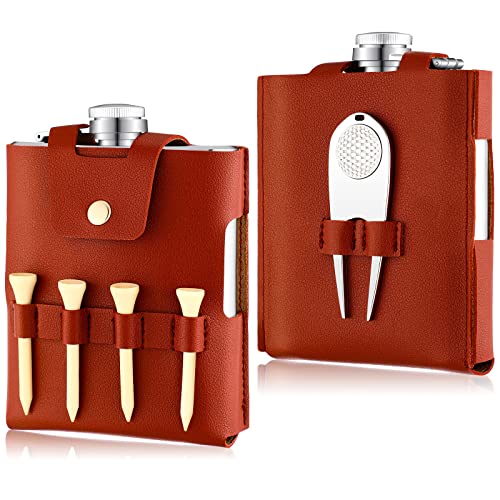 Golf Flask Gift Set 7 oz Stainless Steel Golf Flask with Leather Case Golf Accessories for Men and Women Includes Drinking Flasks Divot Tool Ball Marker and 4 Golfer Tees