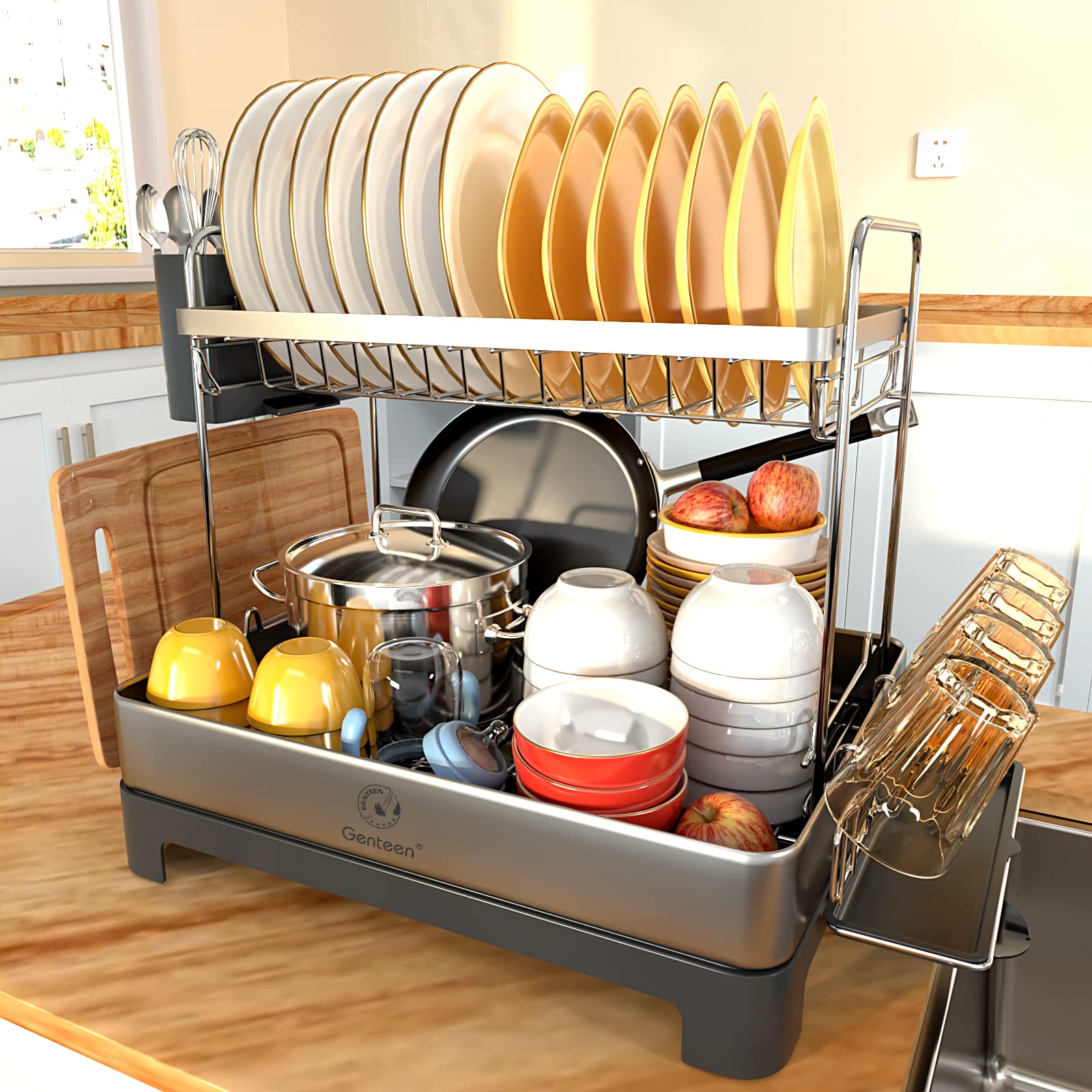 Genteen Dish Drying Rack, 2 Tier Large Dish Drying Rack with Drainboard 304 Stainless Steel Dish Rack for Kitchen Counter with Swivel Spout, Utensil Holder, Cup Rack